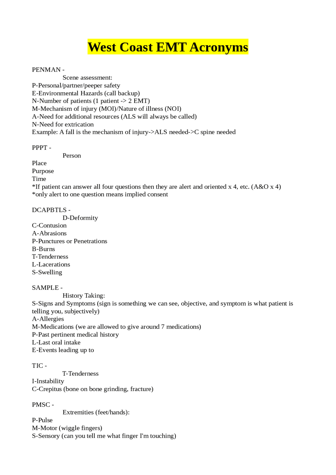 West Coast EMT Acronyms | Exams Nursing | Docsity