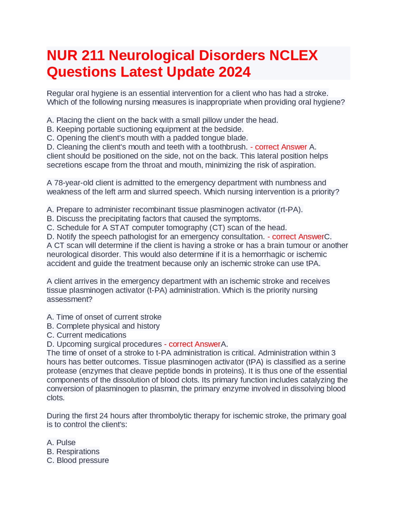 NUR 211 Neurological Disorders NCLEX Questions Latest Update 2024 ...