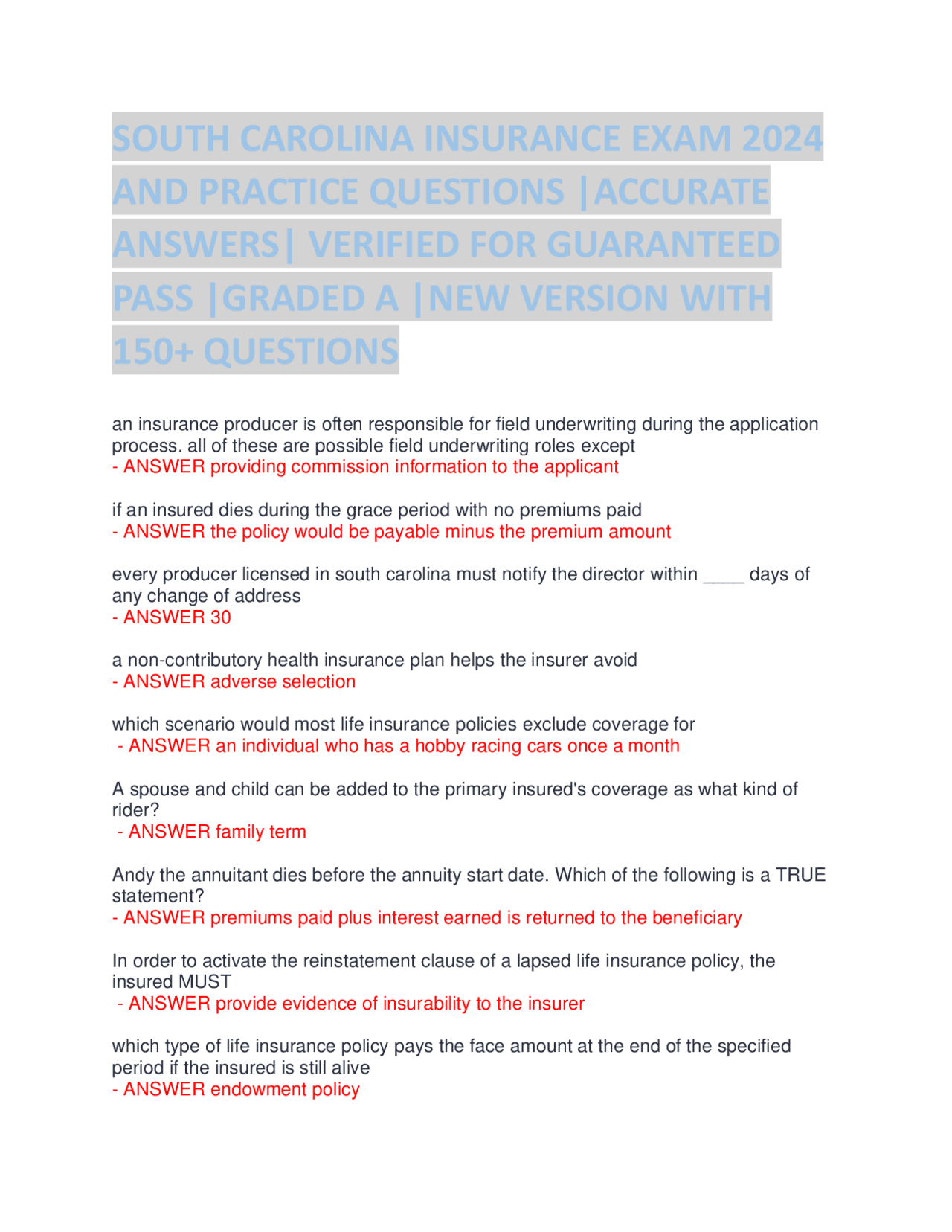 SOUTH CAROLINA INSURANCE EXAM 2024 AND PRACTICE QUESTIONS |ACCURATE ...