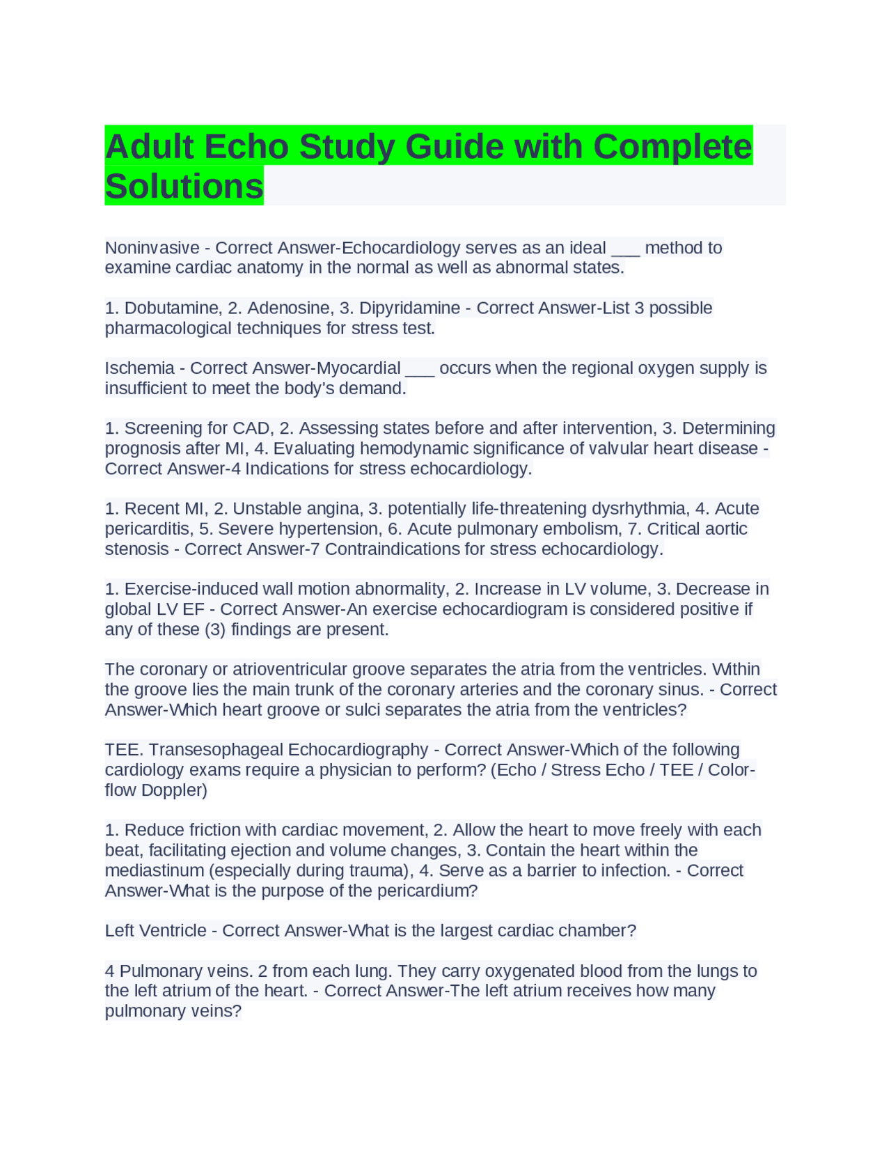 Adult Echo Study Guide with Complete Solutions | Exams Advanced ...