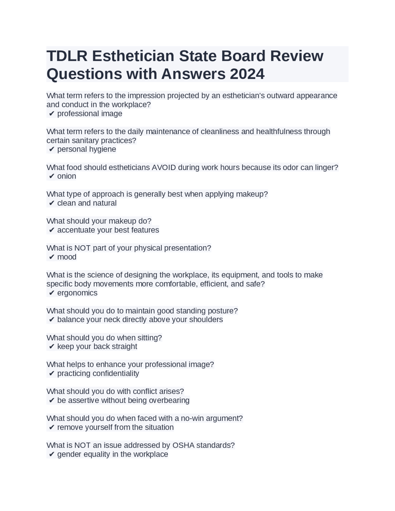 TDLR Esthetician State Board Review Questions with Answers 2024 | Exams ...