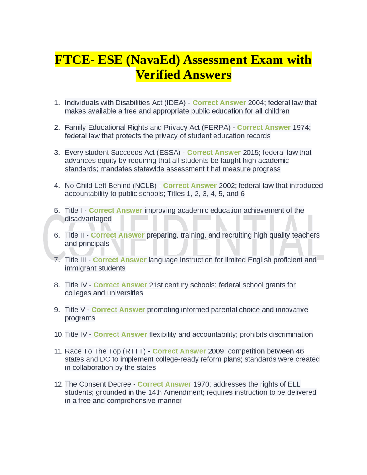 FTCE- ESE (NavaEd) Assessment Exam with Verified Answers | Exams ...