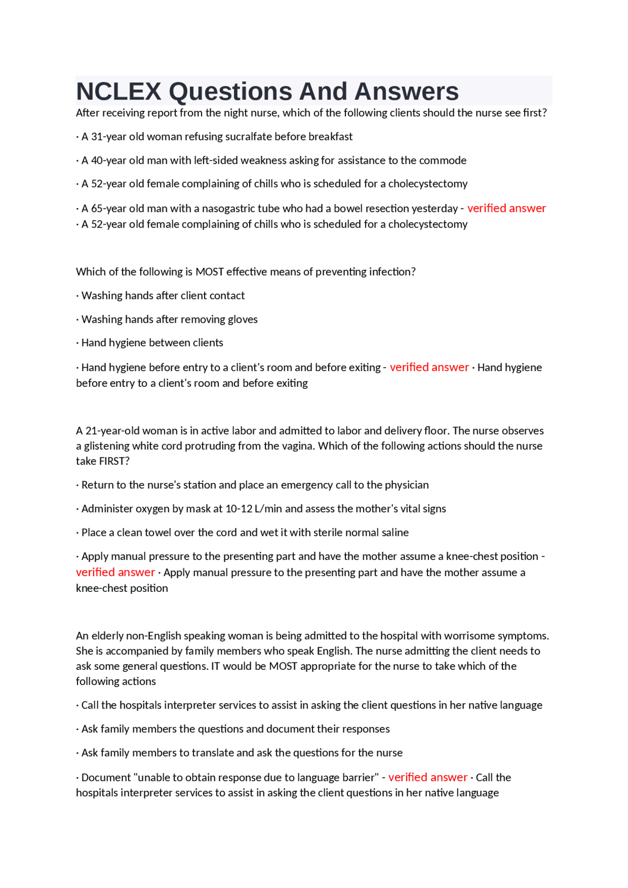 NCLEX Questions And Answers | Exams Nursing | Docsity