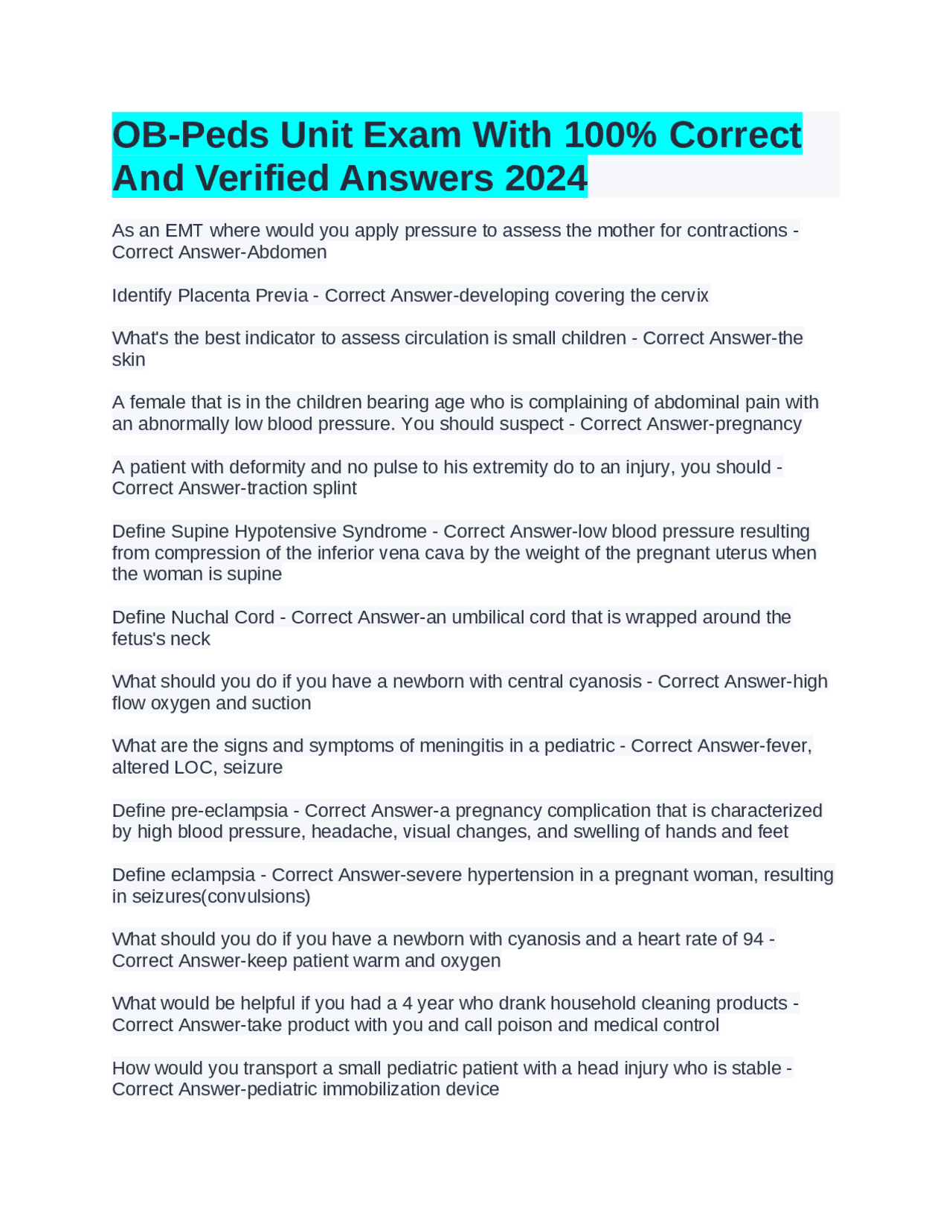 OB-Peds Unit Exam With 100% Correct And Verified Answers 2024 | Exams ...