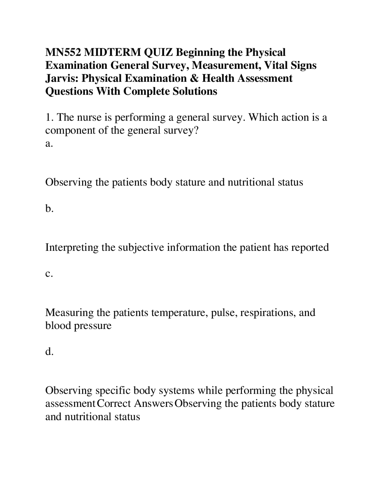 Interpreting Vital Signs and Physical Assessment | Exams Nursing | Docsity