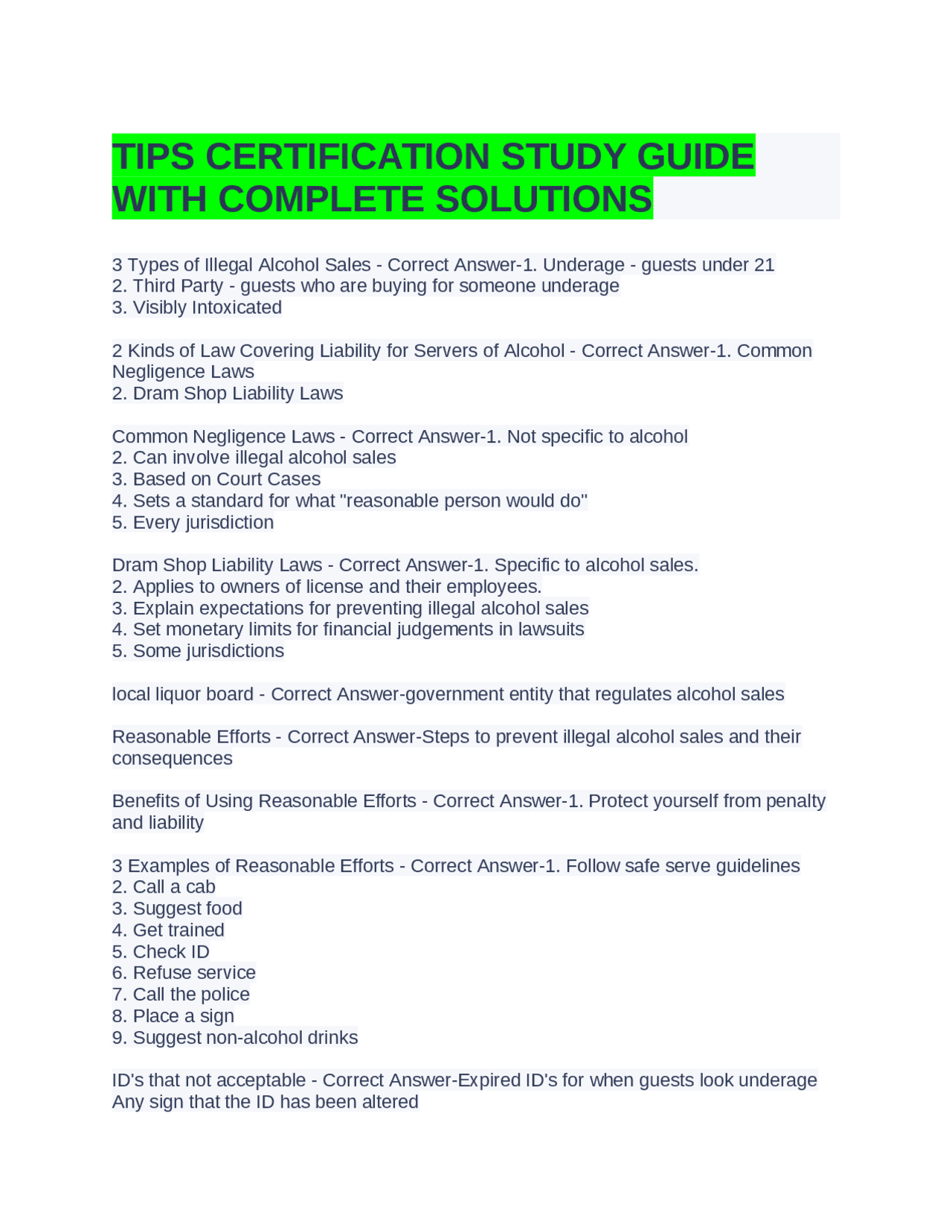 TIPS CERTIFICATION STUDY GUIDE WITH COMPLETE SOLUTIONS | Exams Advanced ...