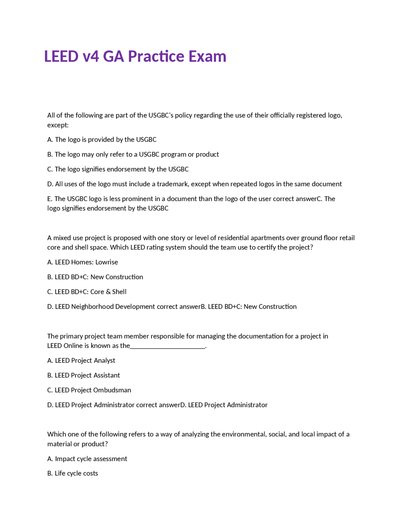 LEED v4 GA Practice Exam | Exams Business Economics | Docsity