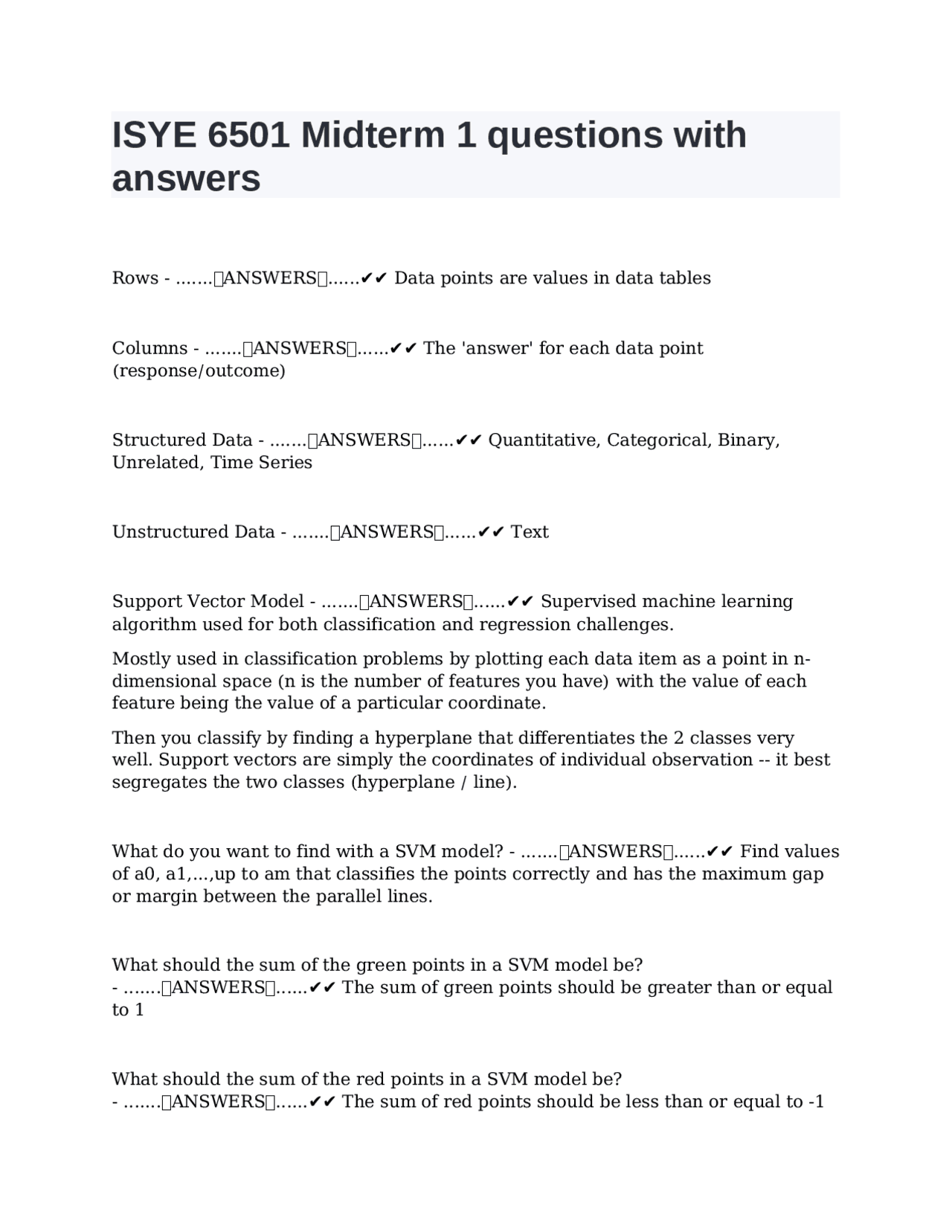 ISYE 6501 Midterm 1 questions with answers | Exams Nursing | Docsity