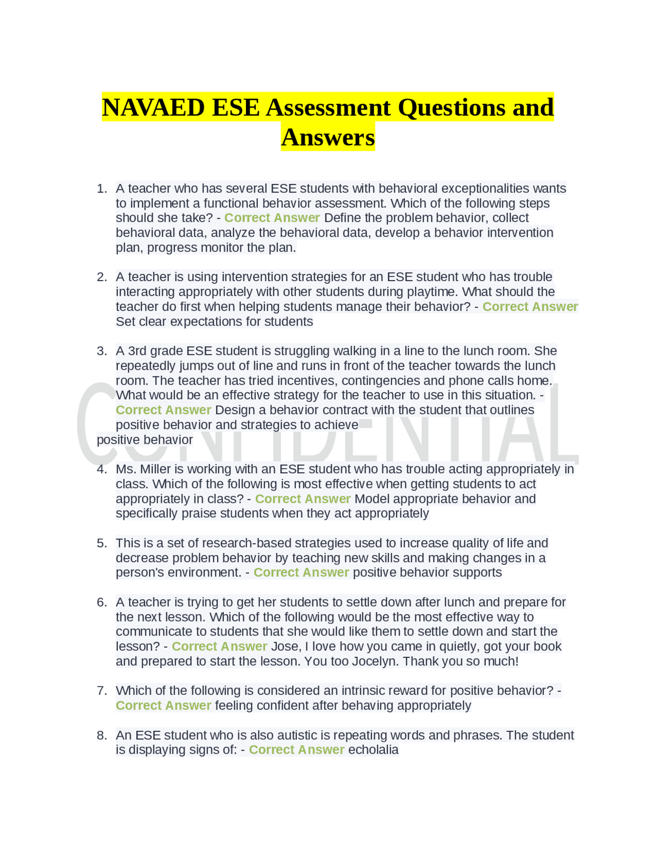 NAVAED ESE Assessment Questions and Answers | Exams Chemistry | Docsity