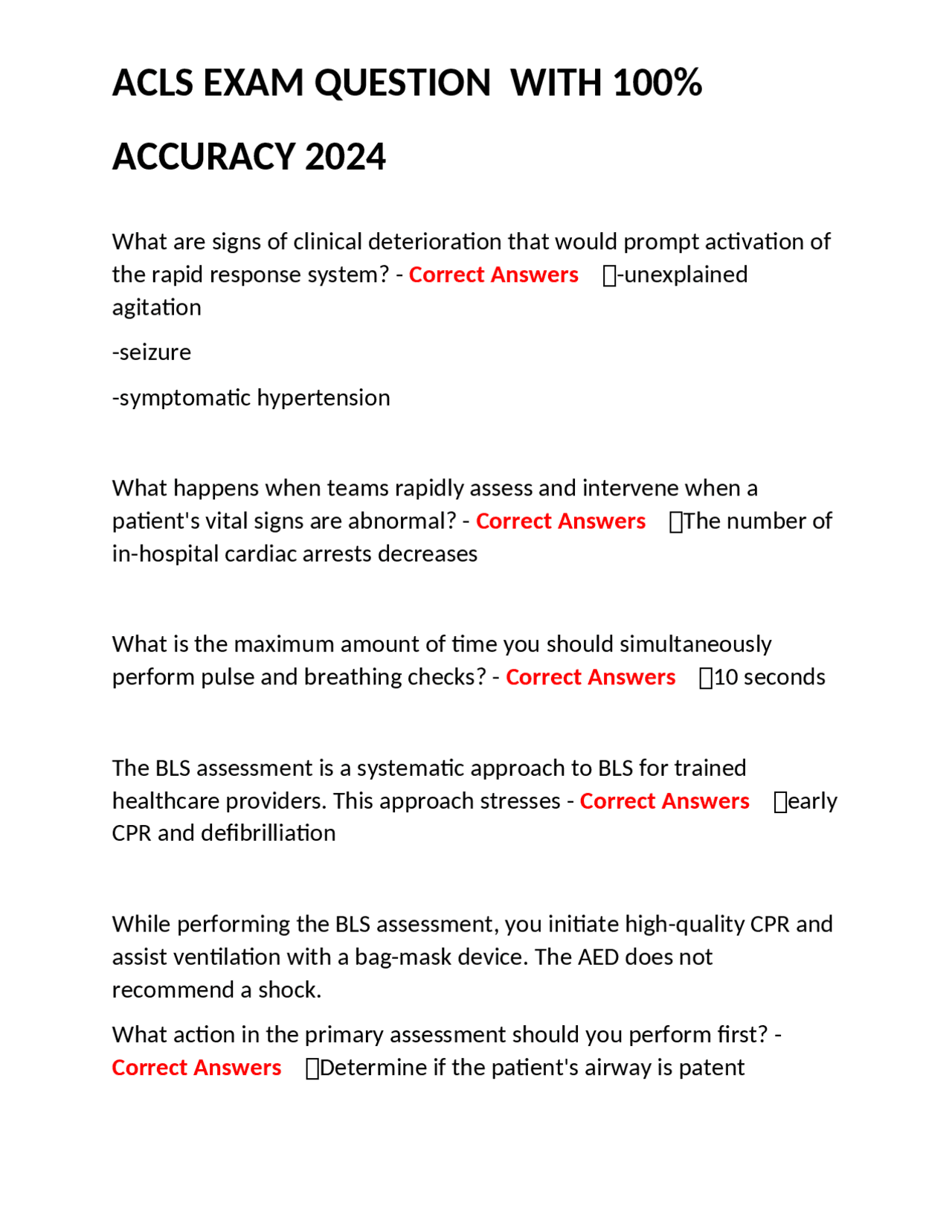 ACLS EXAM QUESTION WITH 100% ACCURACY 2024 | Exams Nursing | Docsity