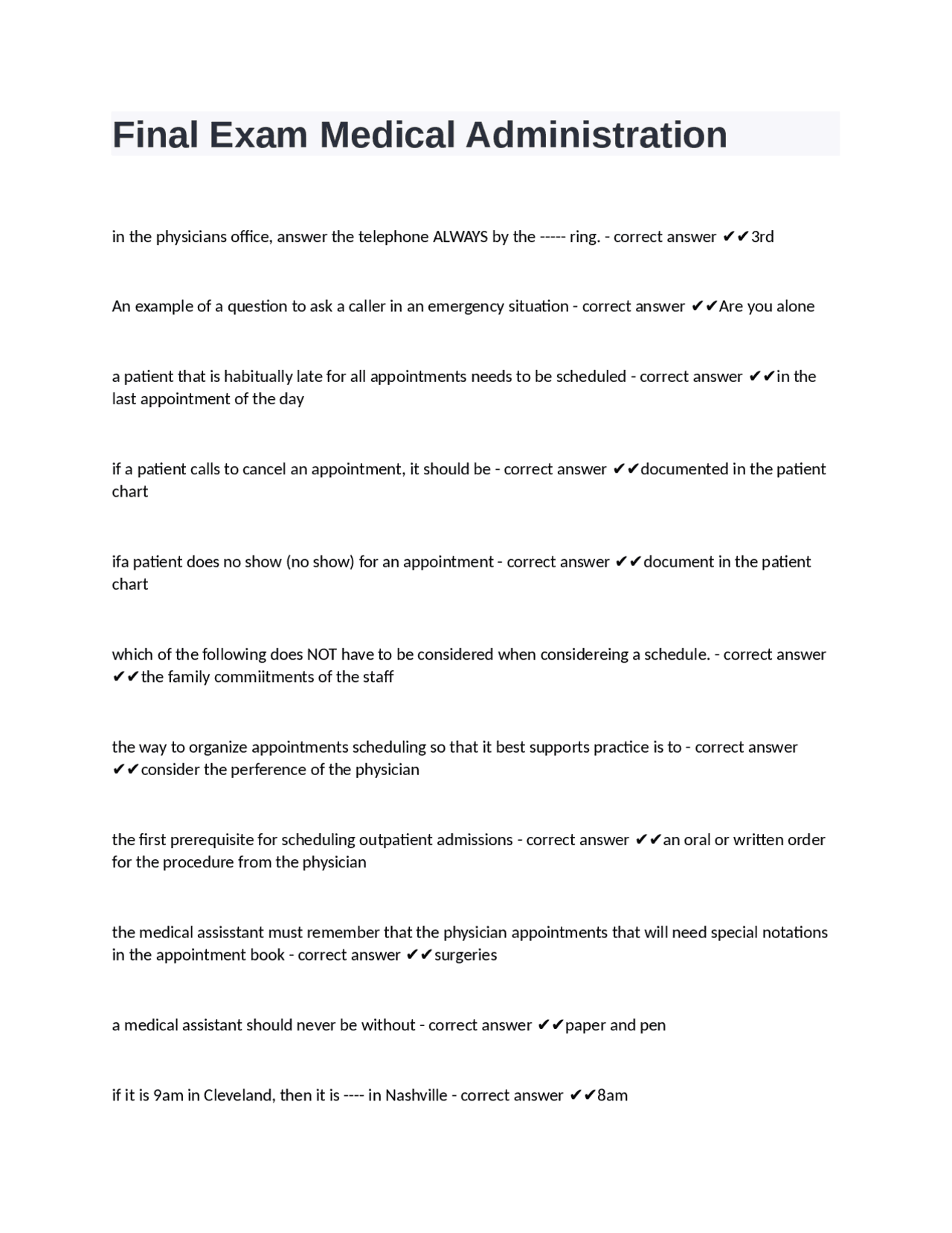 Final Exam Medical Administration questions with correct answers ...