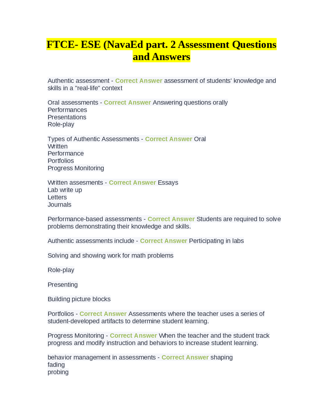 FTCE- ESE (NavaEd part. 2 Assessment Questions and Answers | Exams ...