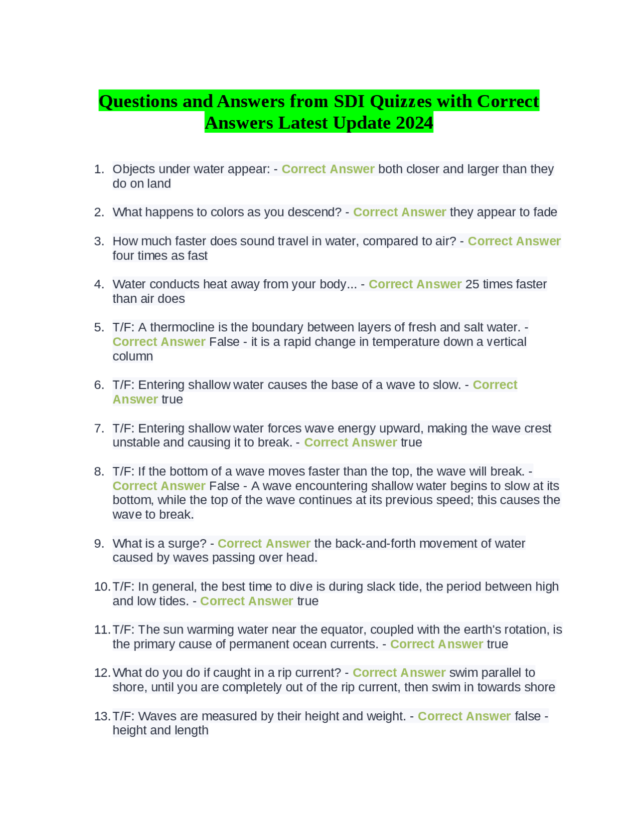 Questions and Answers from SDI Quizzes with Correct Answers Latest ...
