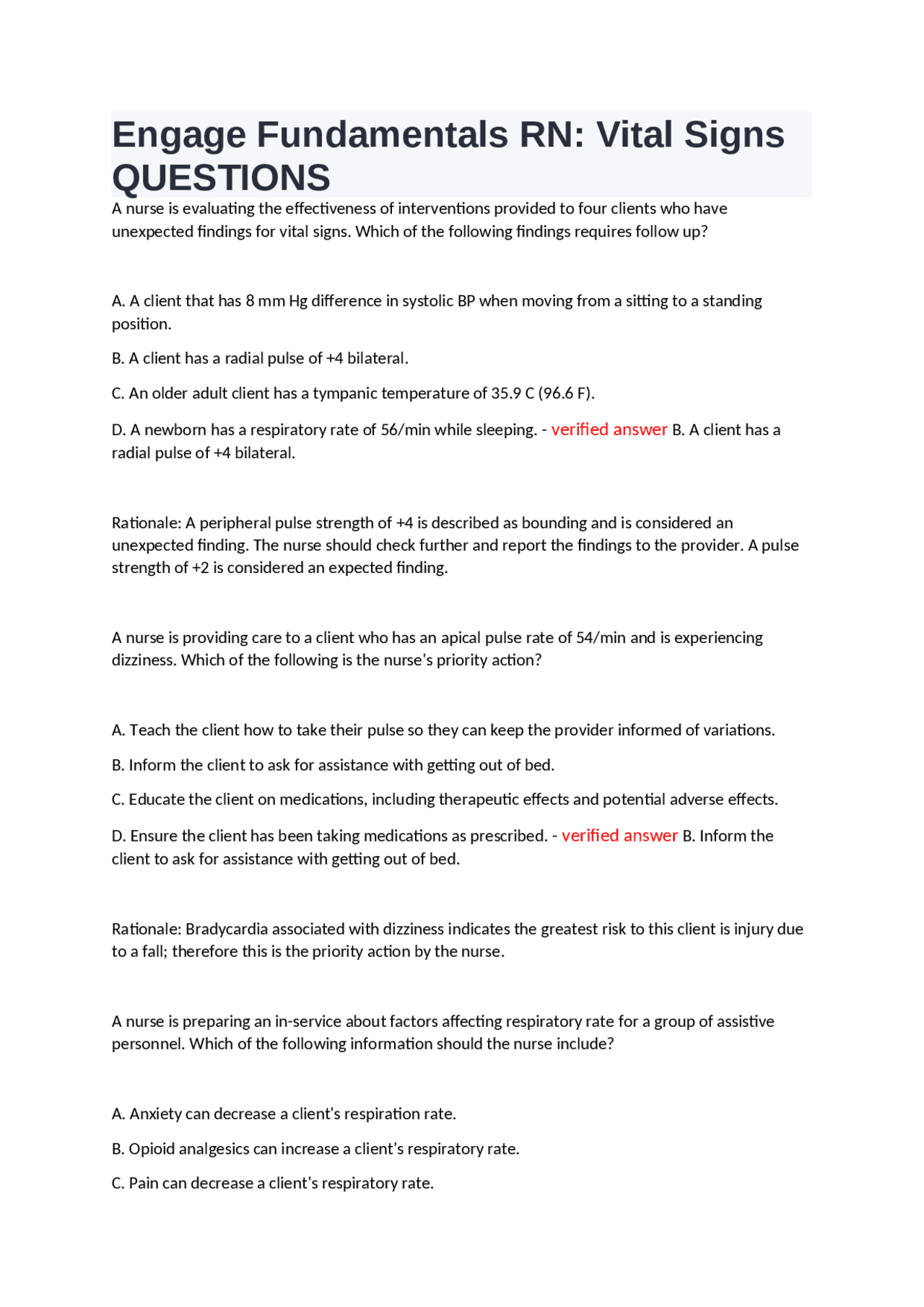 Engage Fundamentals RN: Vital Signs QUESTIONS | Exams Nursing | Docsity