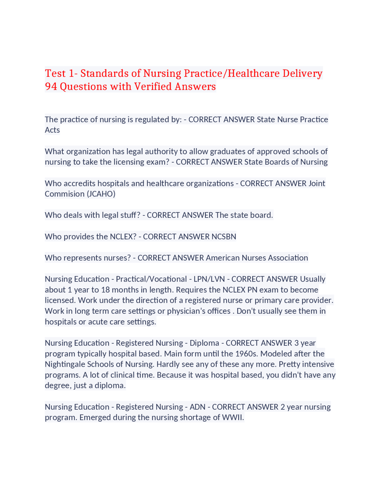 Standards of Nursing Practice and Healthcare Delivery | Exams Nursing | Docsity