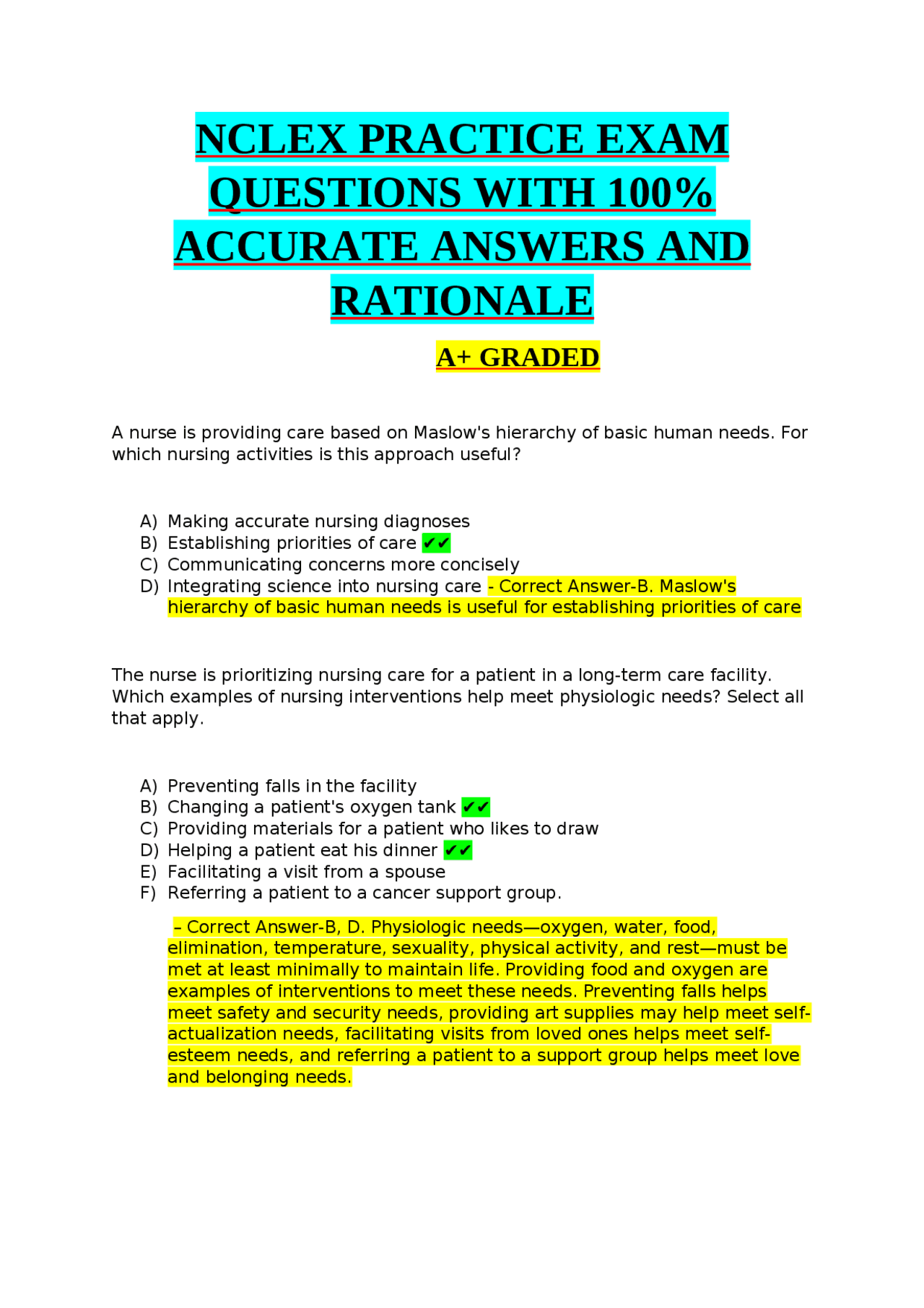 NCLEX PRACTICE EXAM QUESTIONS WITH 100% ACCURATE ANSWERS AND RATIONALE ...
