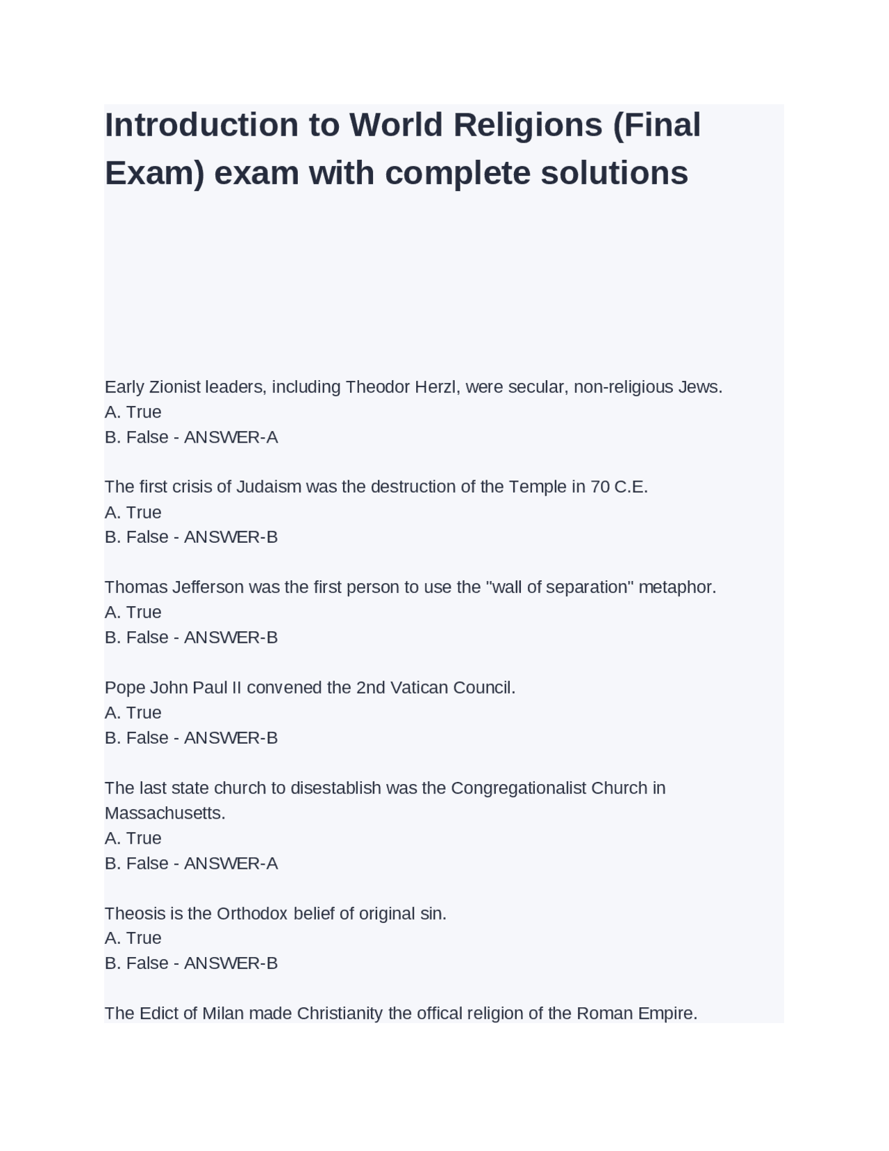Introduction to World Religions (Final Exam) exam with complete ...