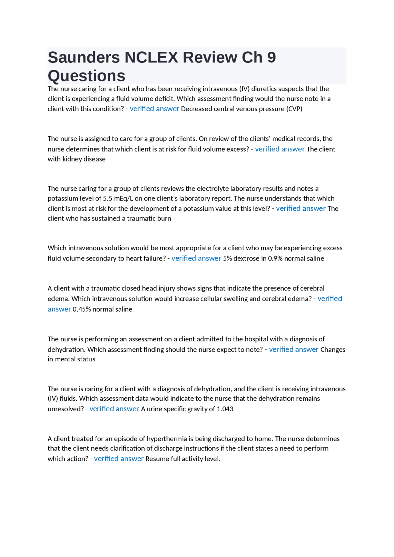 Saunders NCLEX Review Ch 9 Questions | Exams Nursing | Docsity