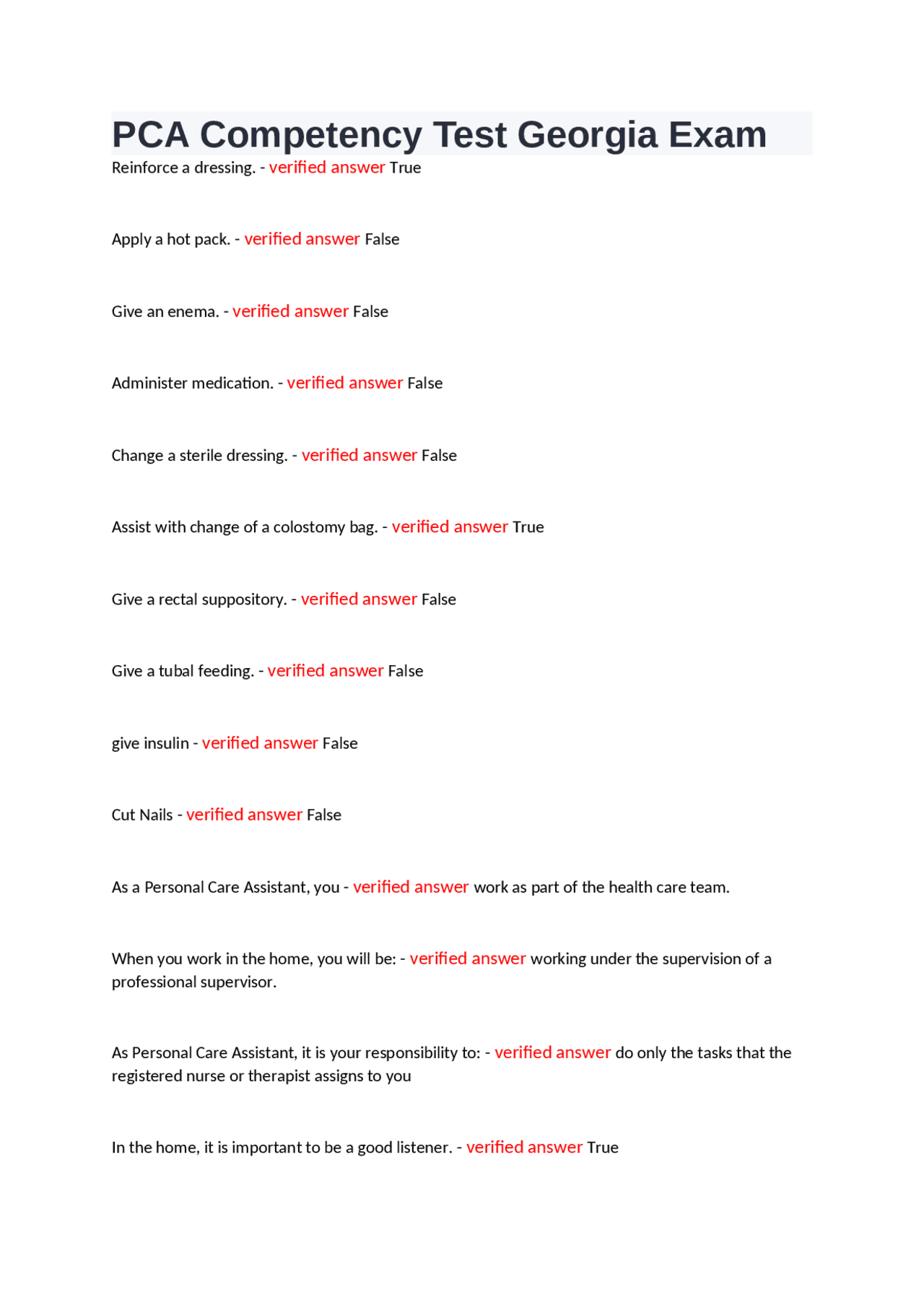 PCA Competency Test Georgia Exam | Exams Nursing | Docsity