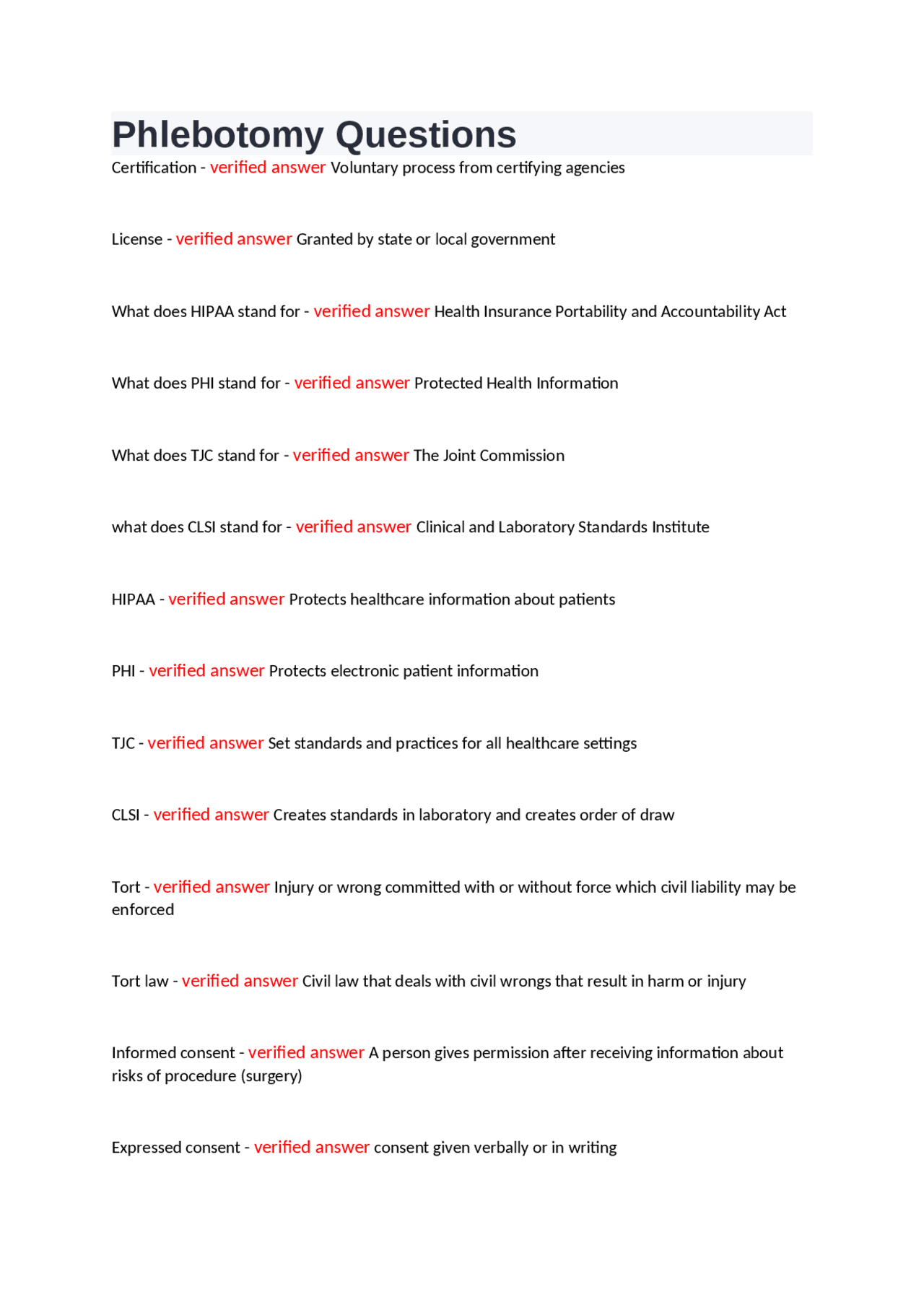 Phlebotomy Questions | Exams Nursing | Docsity
