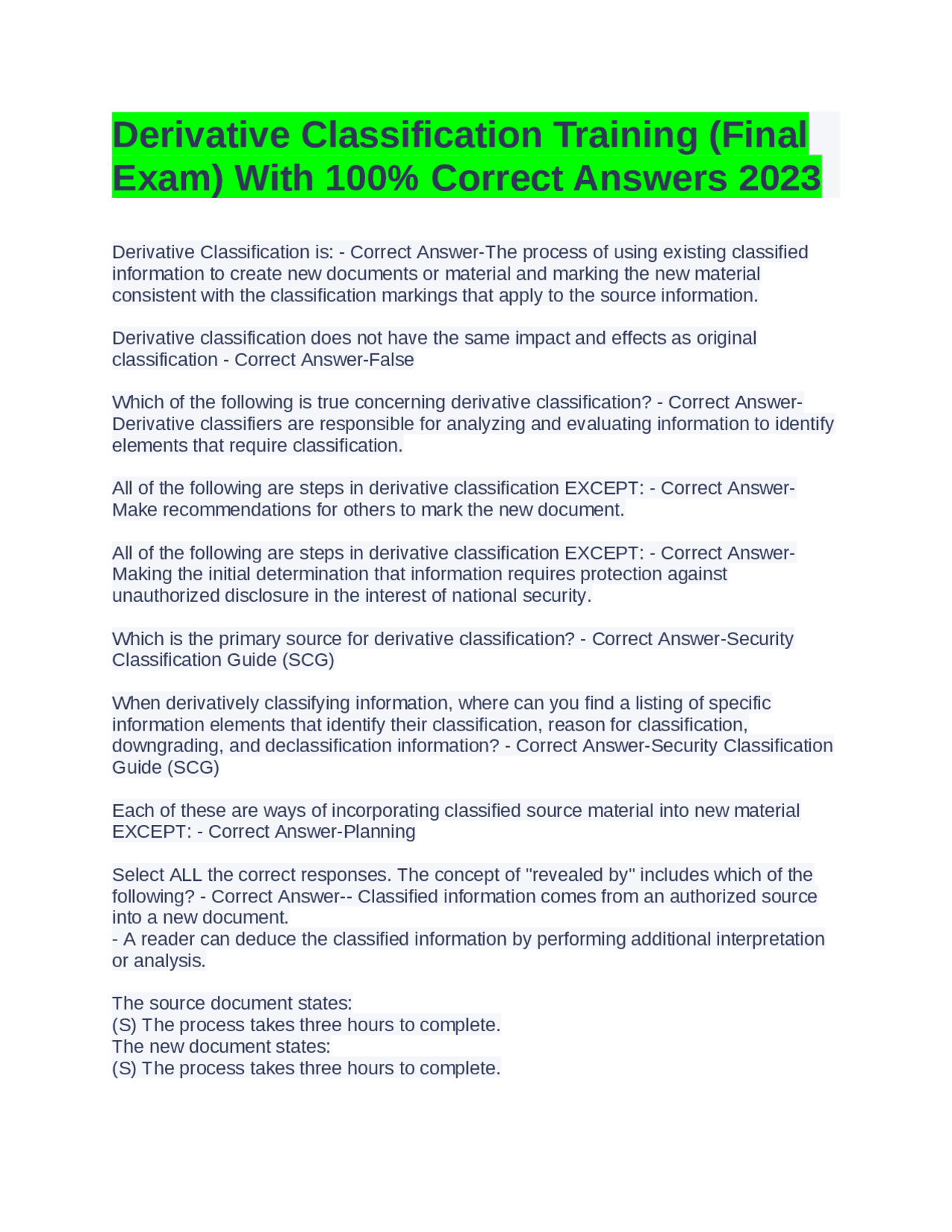 Derivative Classification Training Final Exam With 100 Correct Answers 2023 Exams Advanced