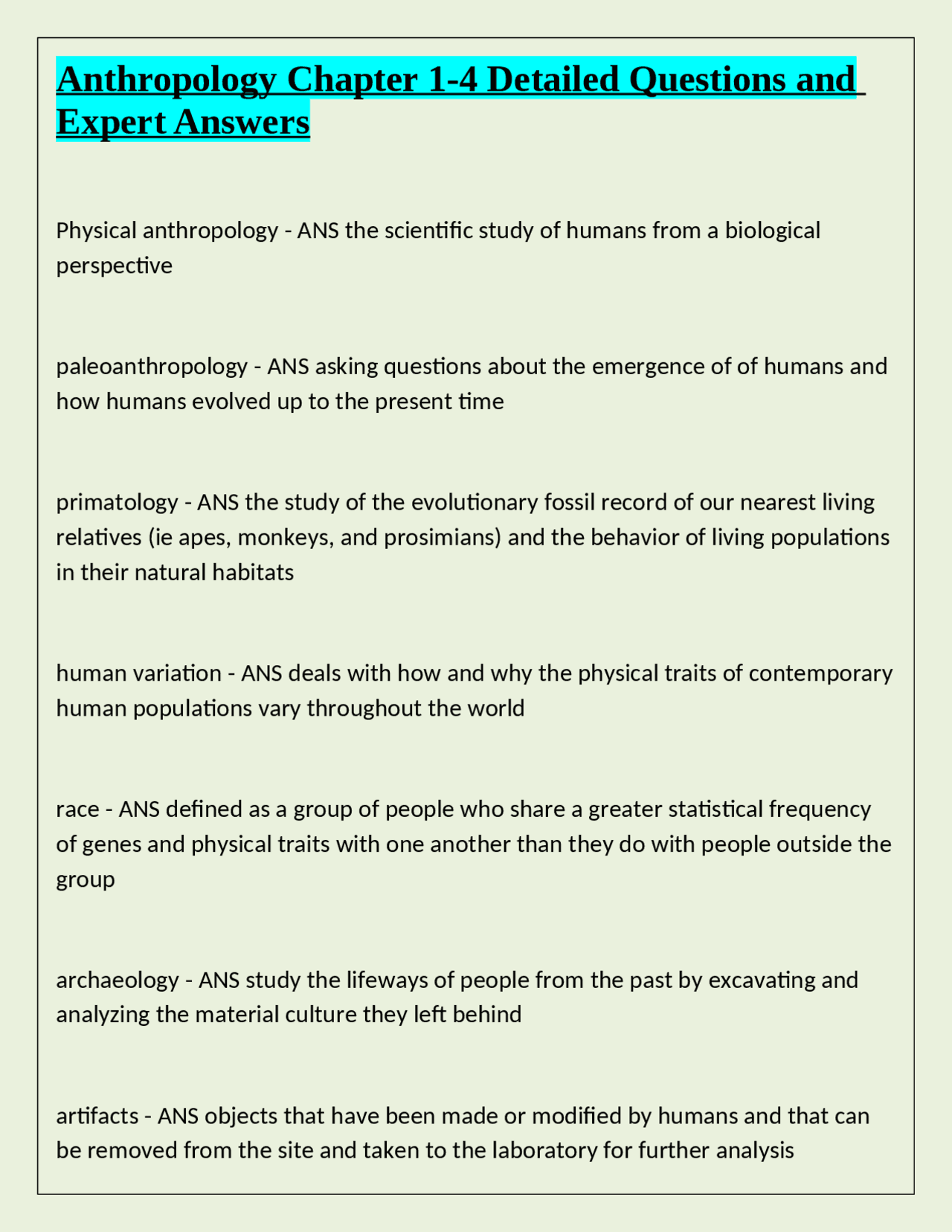 Anthropology Chapter 1-4 Detailed Questions and Expert Answers | Exams ...