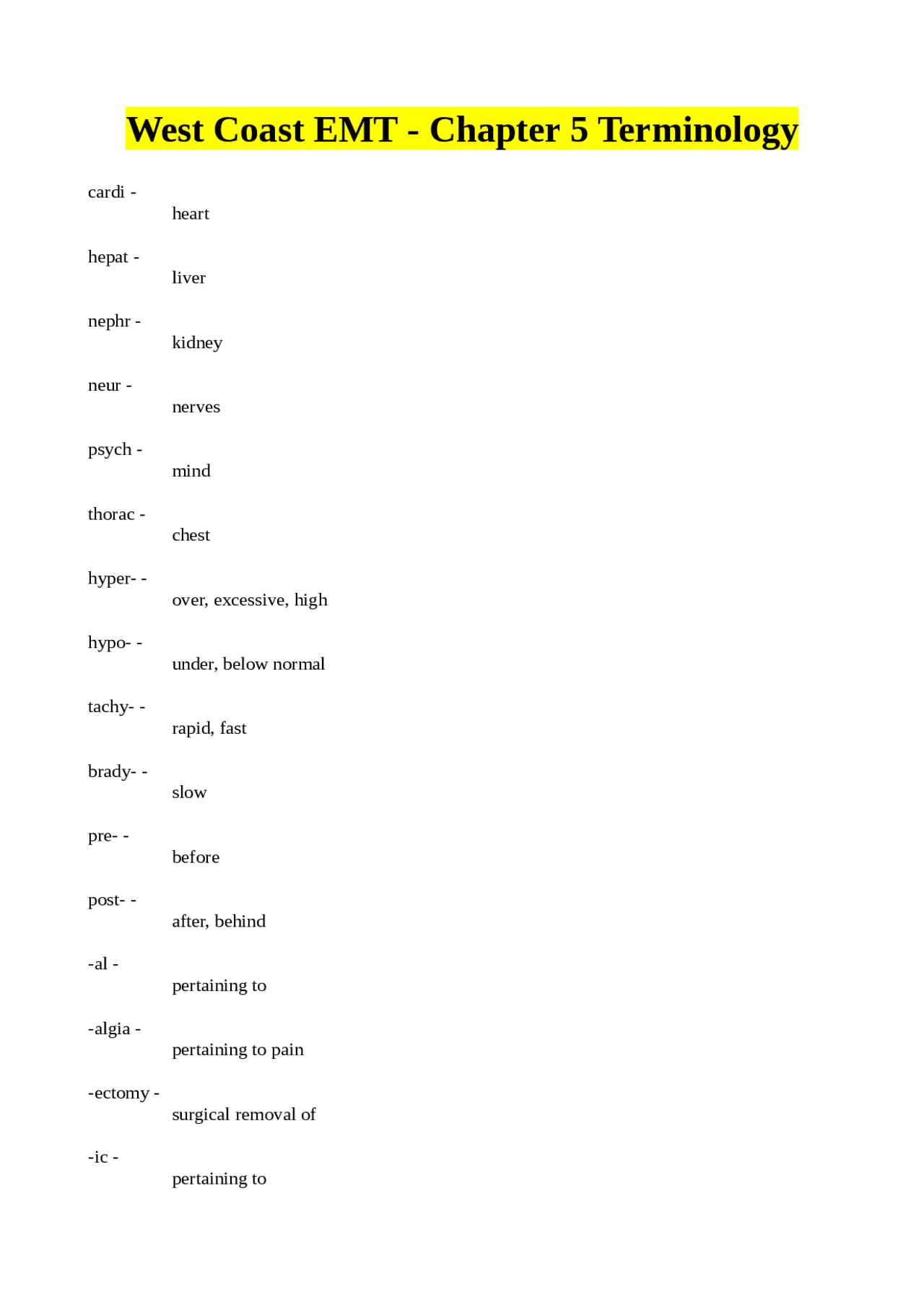 West Coast EMT - Chapter 5 Terminology | Exams Nursing | Docsity