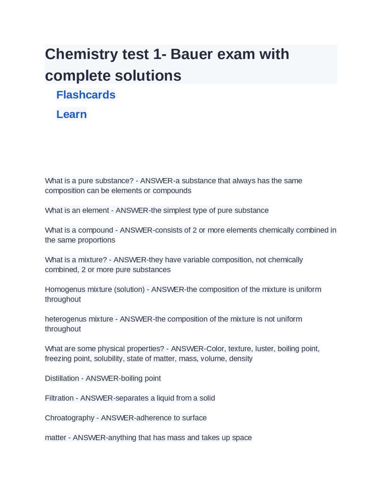 Chemistry test 1- Bauer exam with complete solutions. | Exams Chemistry ...