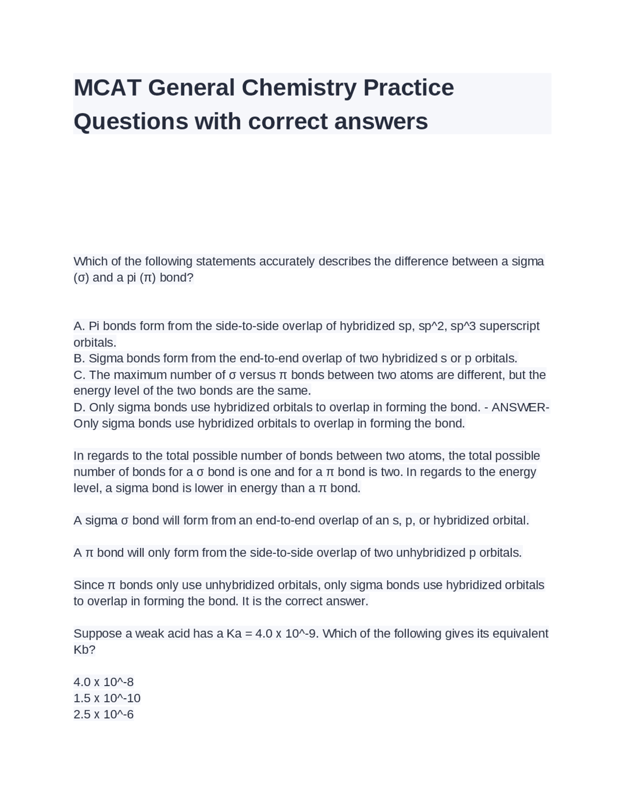 MCAT General Chemistry Practice Questions with correct answers.docx ...