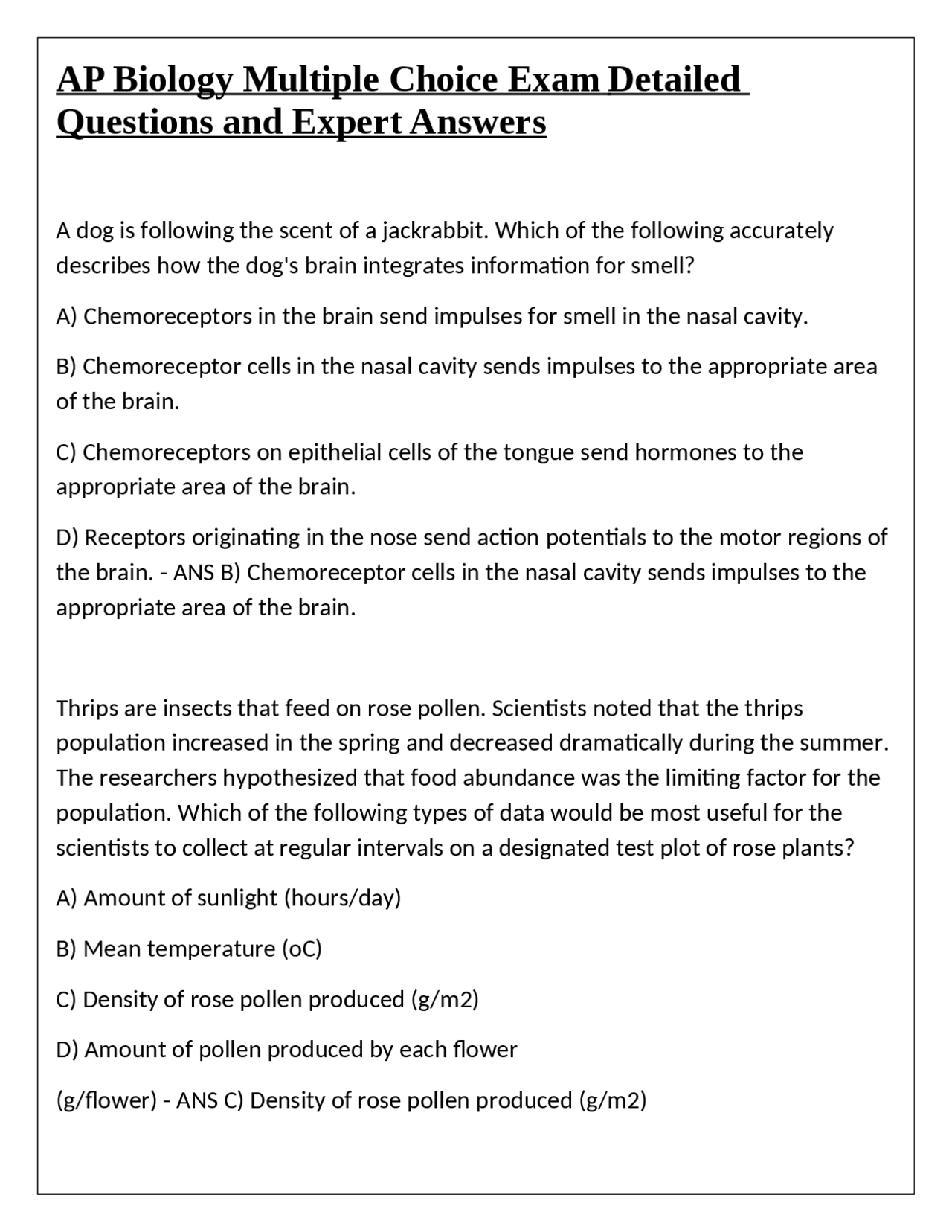 AP Biology Multiple Choice Exam Detailed Questions and Expert Answers ...