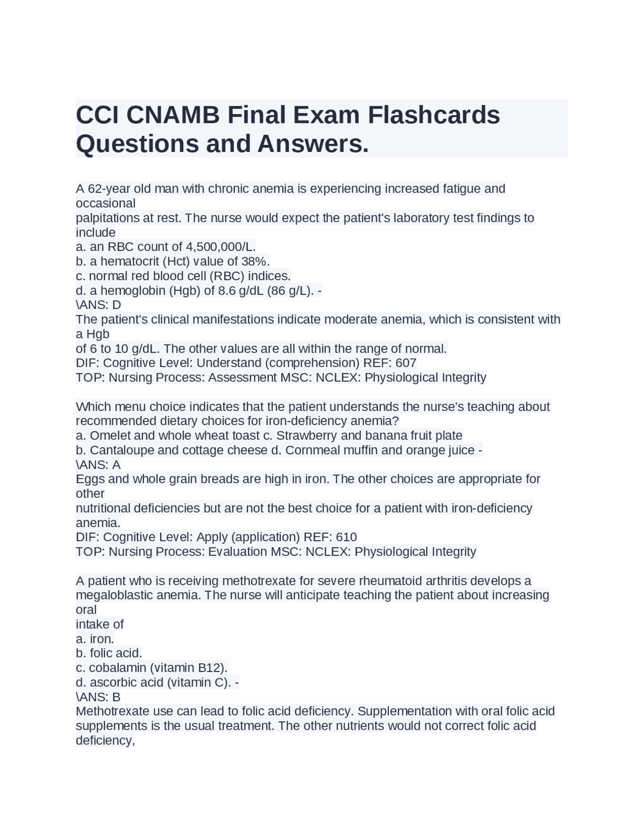 CCI CNAMB Final Exam Flashcards Questions and Answers. | Exams Nursing ...