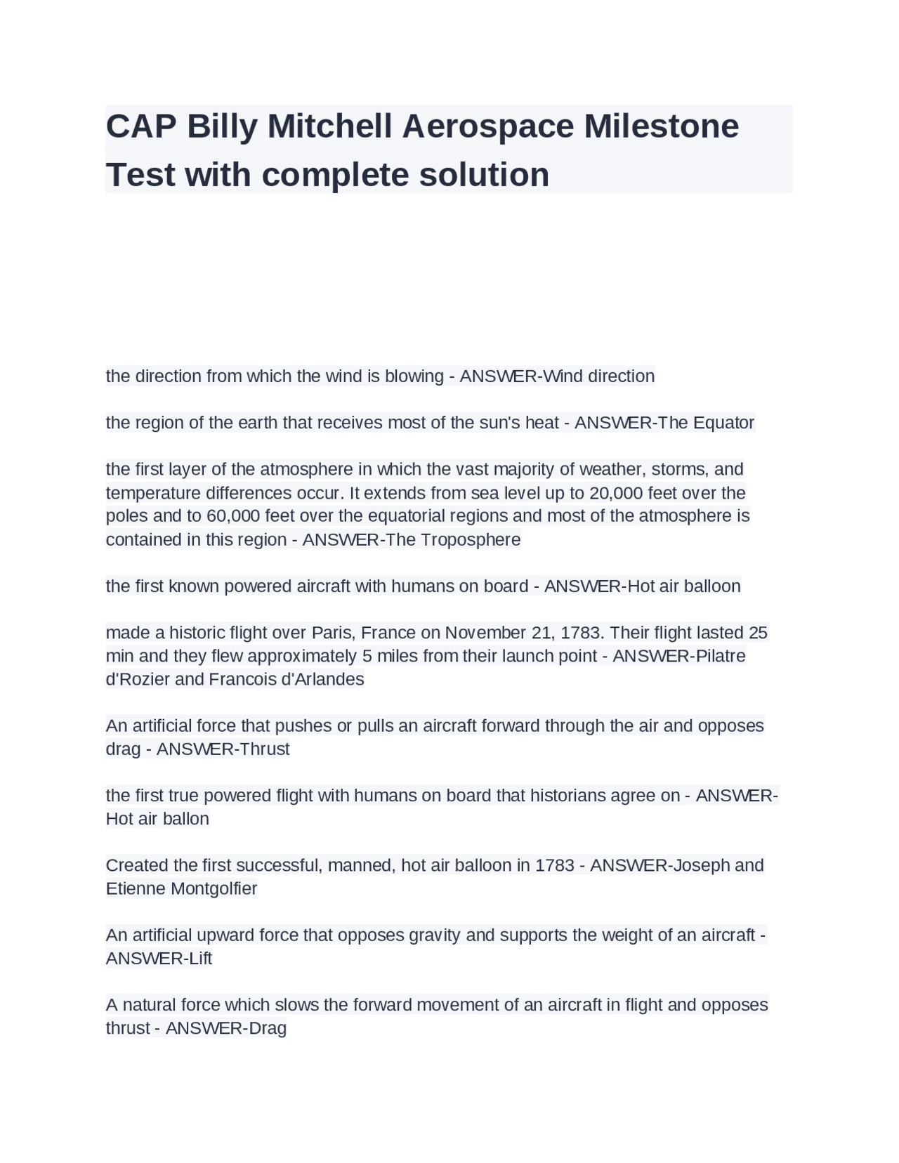 CAP Billy Mitchell Aerospace Milestone Test with complete solution ...