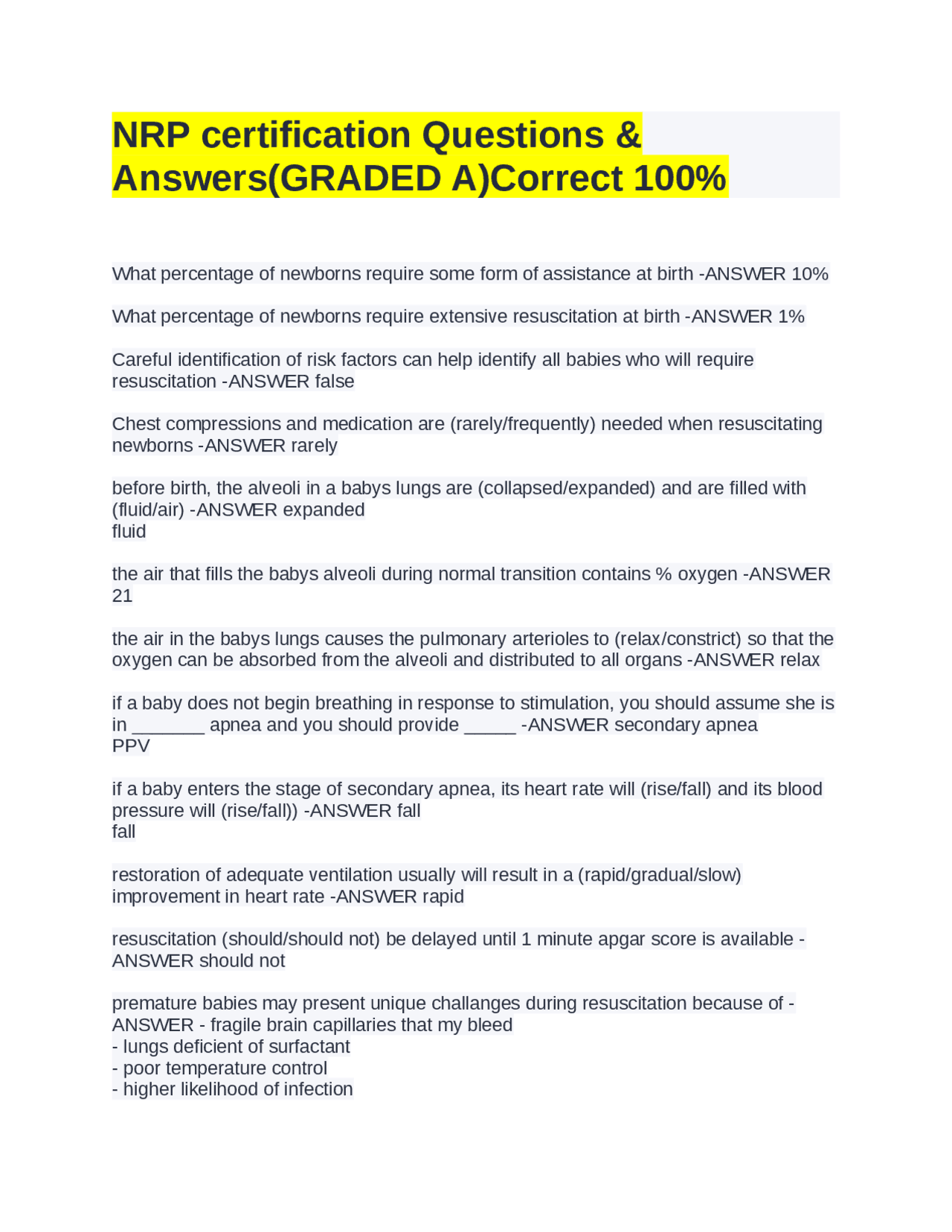 NRP certification Questions & Answers(GRADED A)Correct 100% | Exams ...