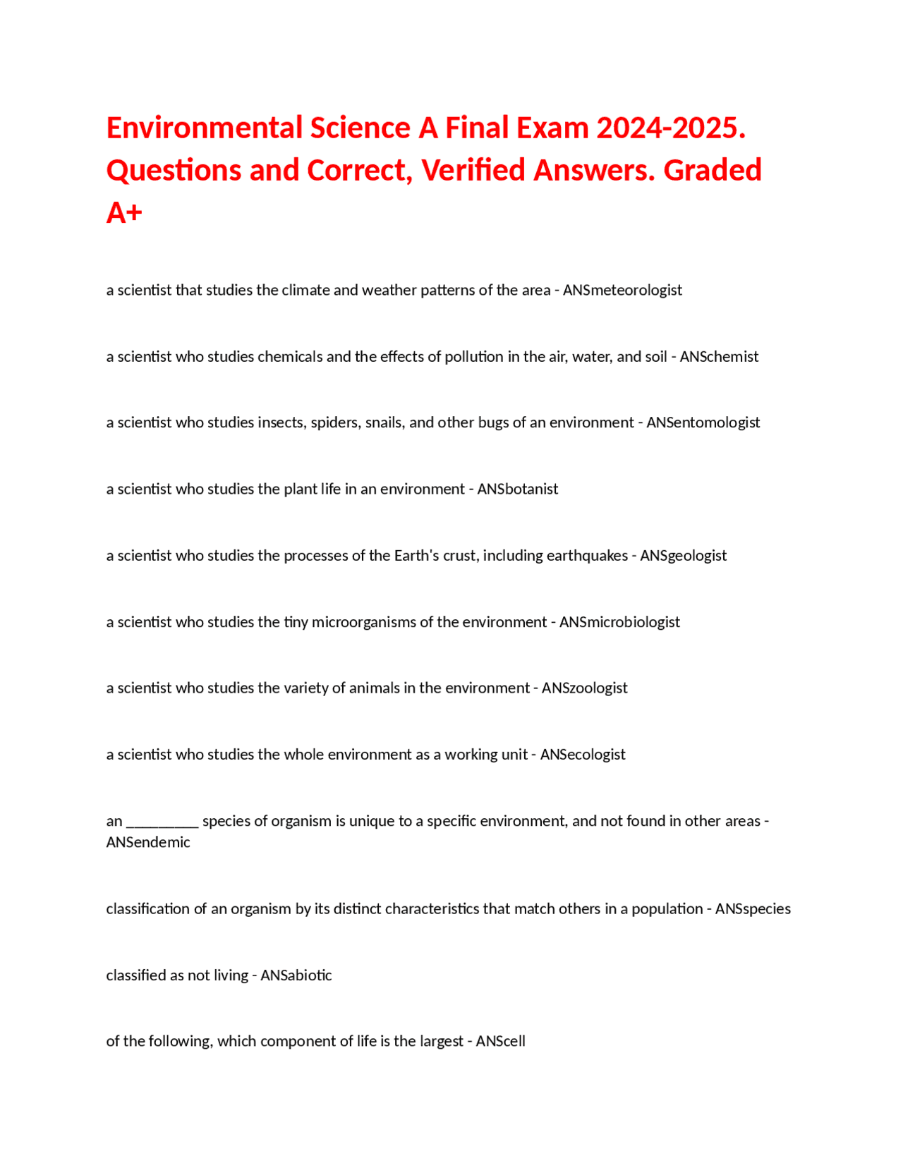 Environmental Science Final Exam 2024-2025 | Exams Environmental ...