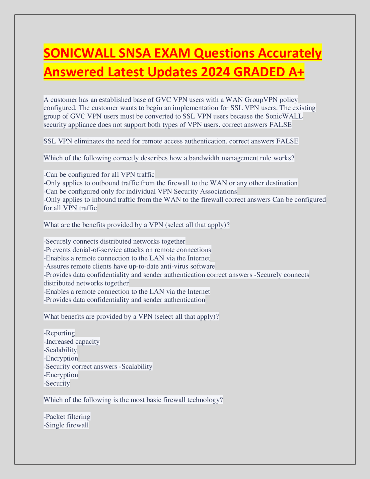 SONICWALL SNSA EXAM Questions Accurately Answered Latest Updates 2024 ...