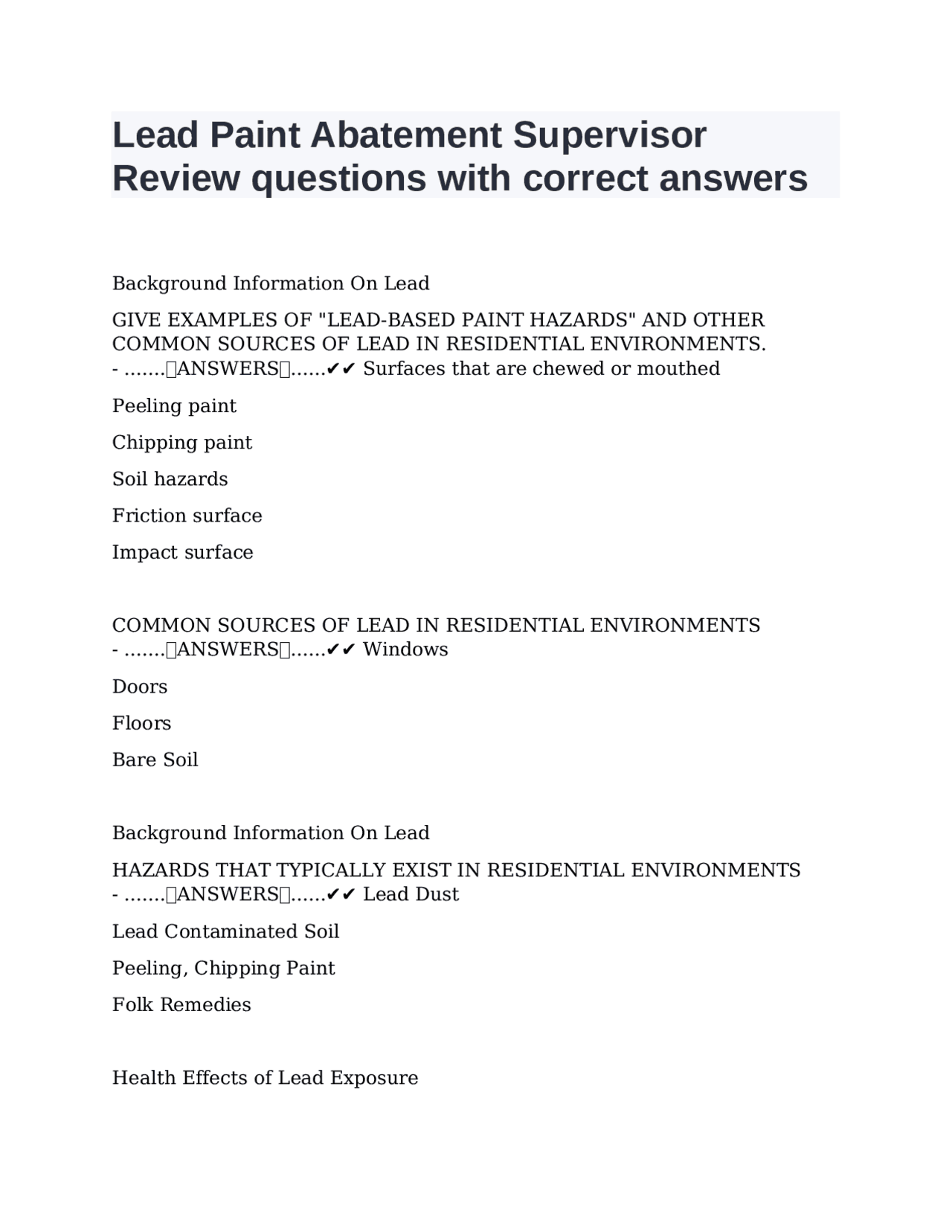 Lead Paint Abatement Supervisor Review questions with correct answers ...