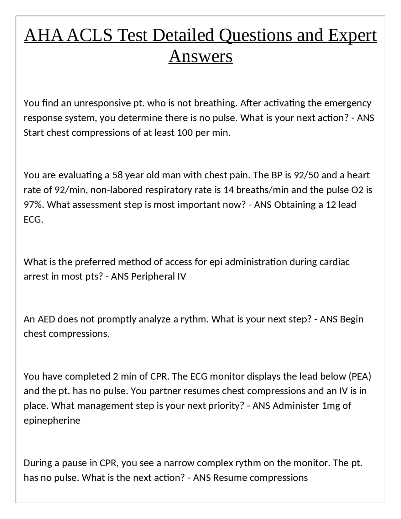 AHA ACLS Test Detailed Questions and Expert Answers | Exams Nursing ...