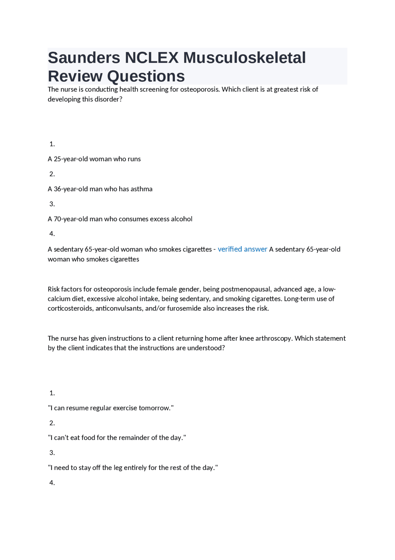 Saunders NCLEX Musculoskeletal Review Questions | Exams Nursing | Docsity