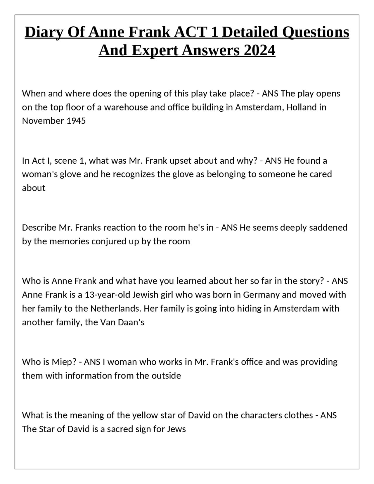 Diary Of Anne Frank ACT 1 Detailed Questions And Expert Answers 2024 ...