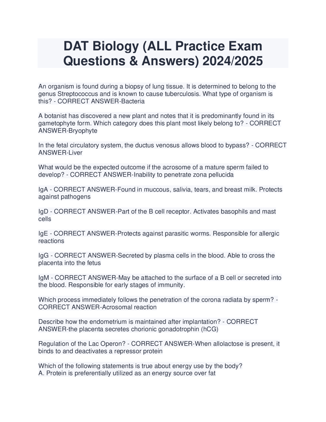 DAT Biology (ALL Practice Exam Questions & Answers) 2024/2025 | Exams ...