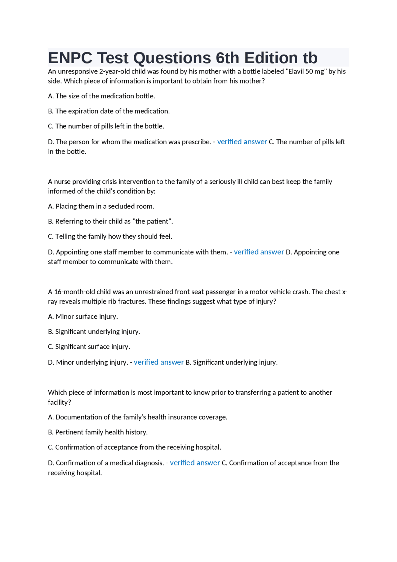 ENPC Test Questions 6th Edition tb | Exams Nursing | Docsity