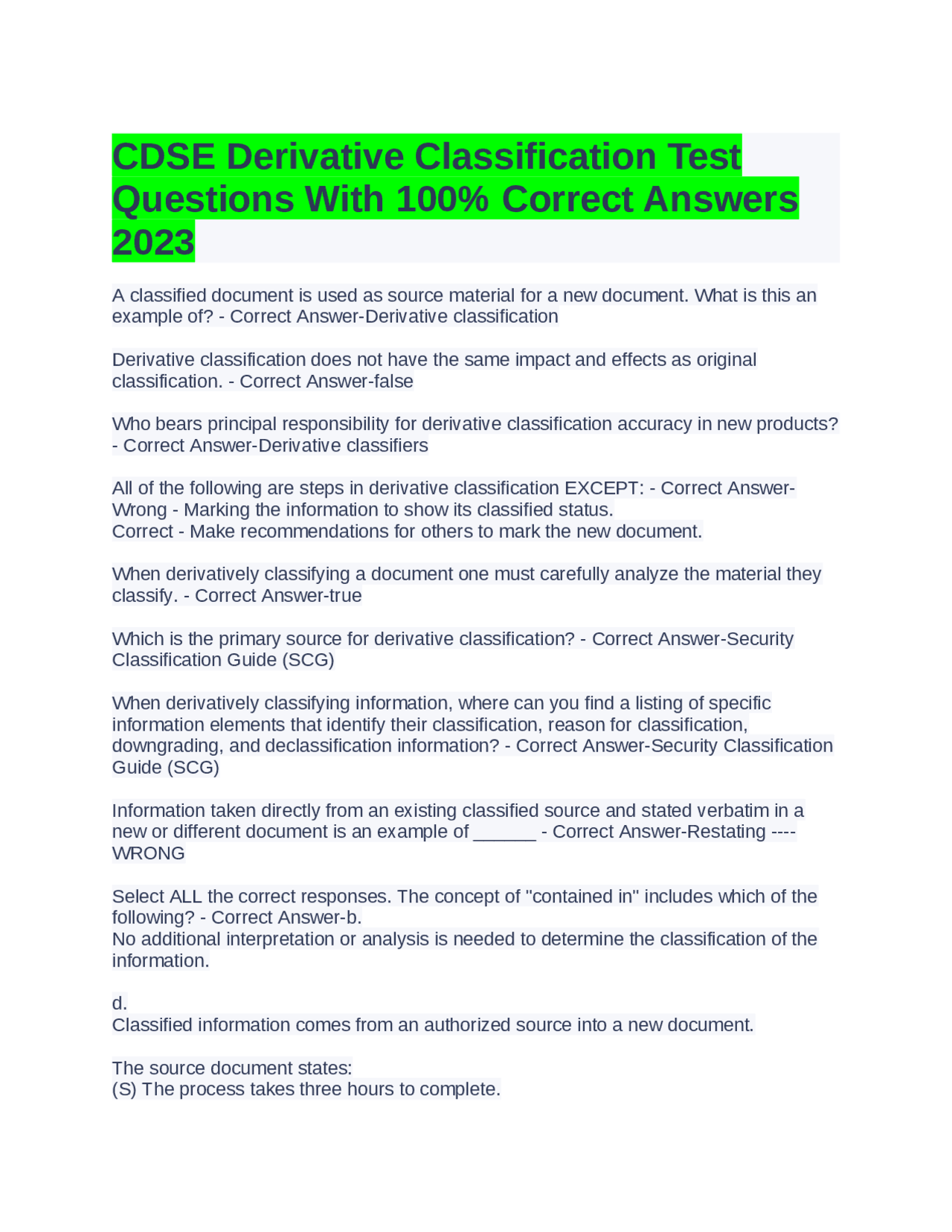 CDSE Derivative Classification Test Questions With 100% Correct Answers ...