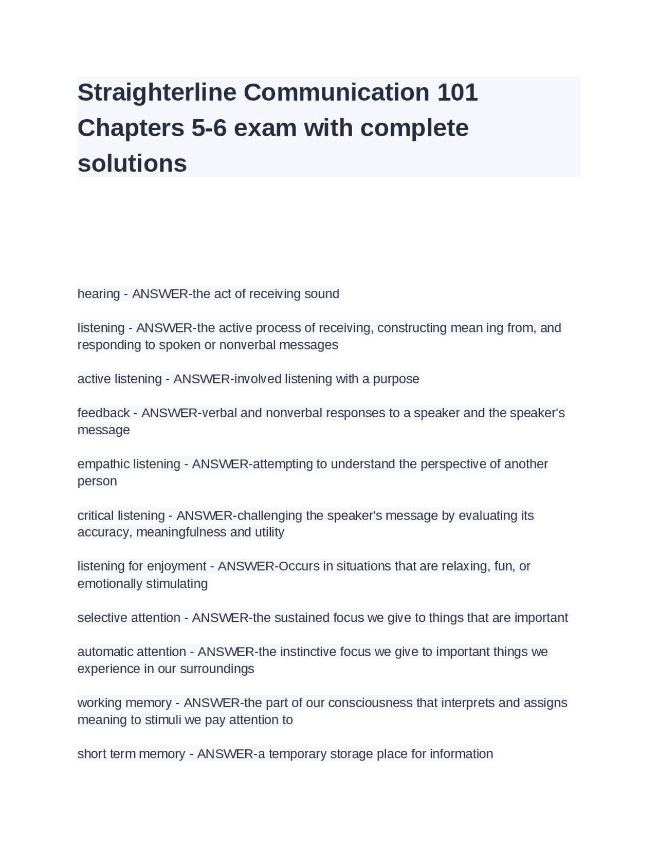Straighterline Communication 101 Chapters 5-6 exam with complete .docx | Exams Communication ...