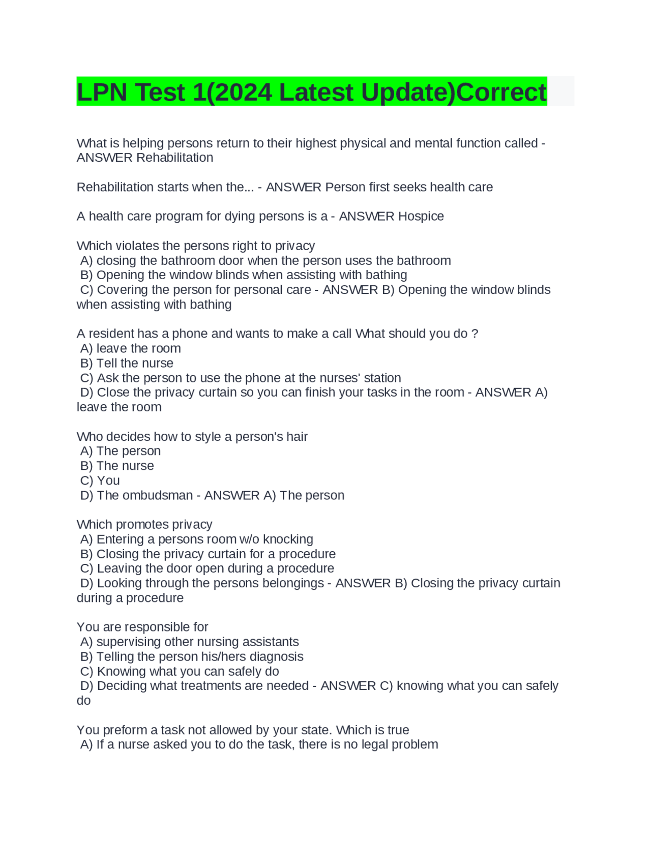 LPN Test 1(2024 Latest Update)Correct | Exams Biology | Docsity