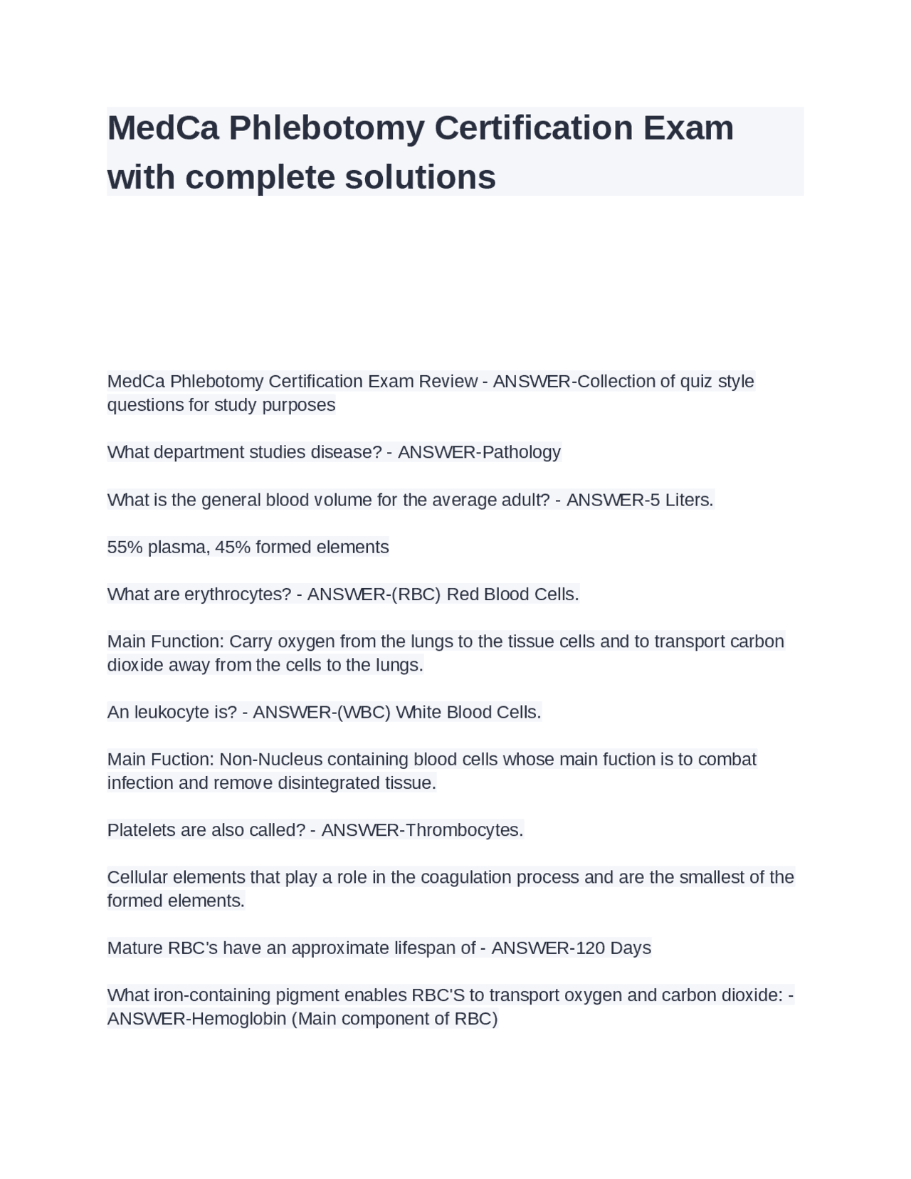 MedCa Phlebotomy Certification Exam with Complete Solutions | Exams ...