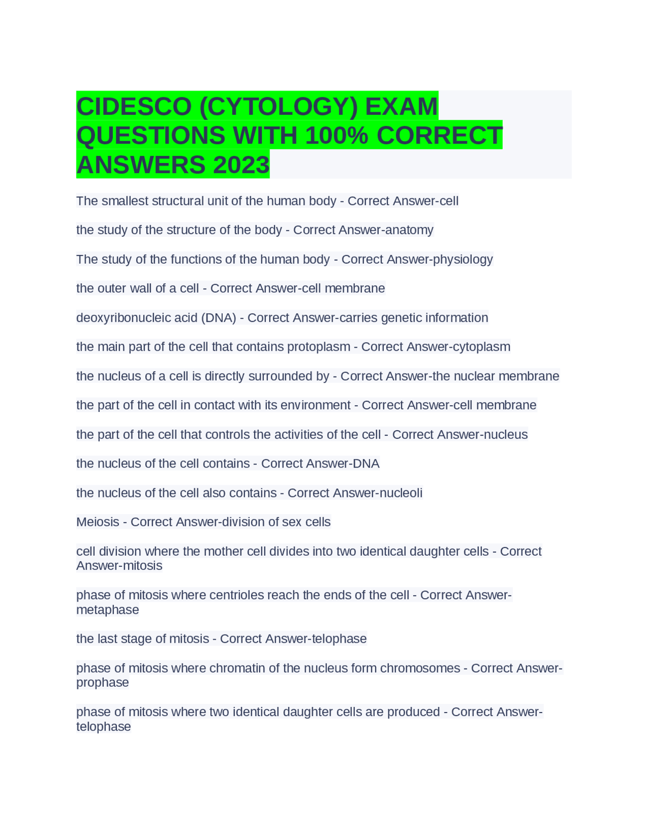 CIDESCO (CYTOLOGY) EXAM QUESTIONS WITH 100% CORRECT ANSWERS 2023 ...