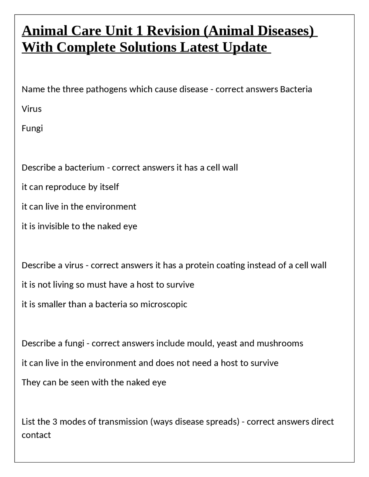 Animal Care Unit 1 Revision (Animal Diseases) | Exams Nursing | Docsity