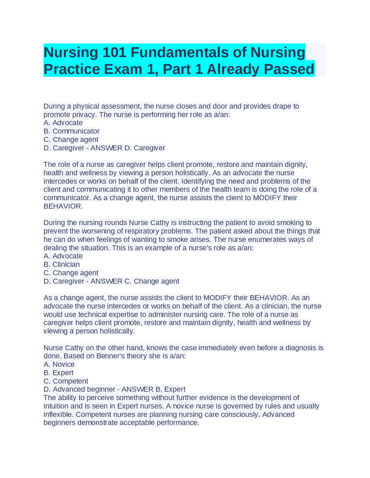 Nursing 101 Fundamentals Of Nursing Practice Exam 1 Part 1 Already