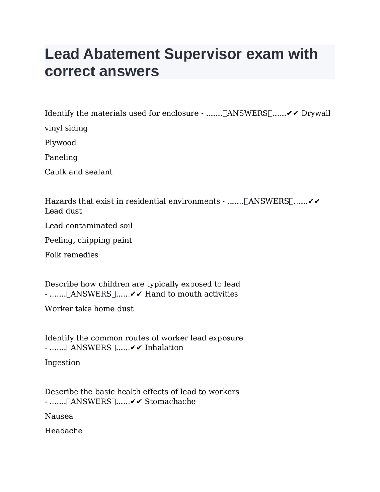 Lead Abatement Supervisor exam with correct answers | Exams Industrial ...