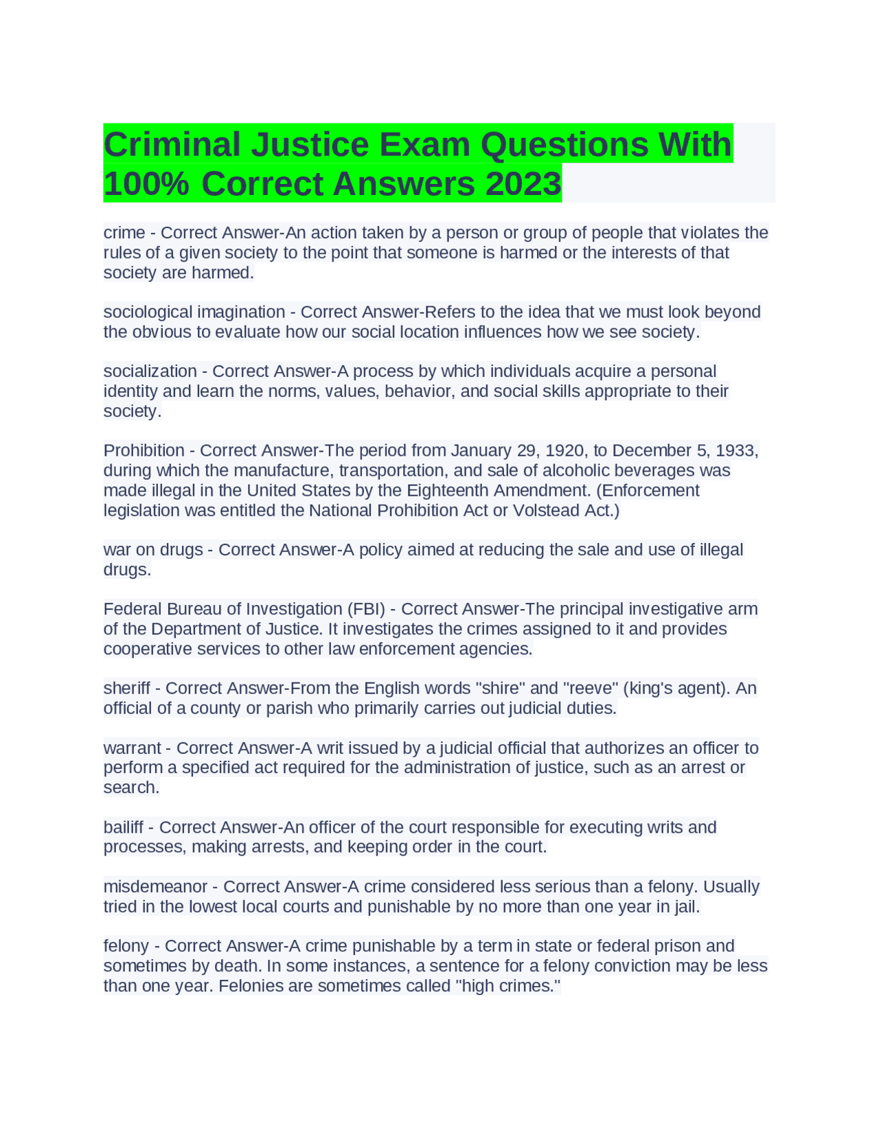 Criminal Justice Exam Questions With 100% Correct Answers 2023 | Exams ...